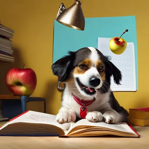 Dog with a book learning spanish with a apple and a... | OpenArt
