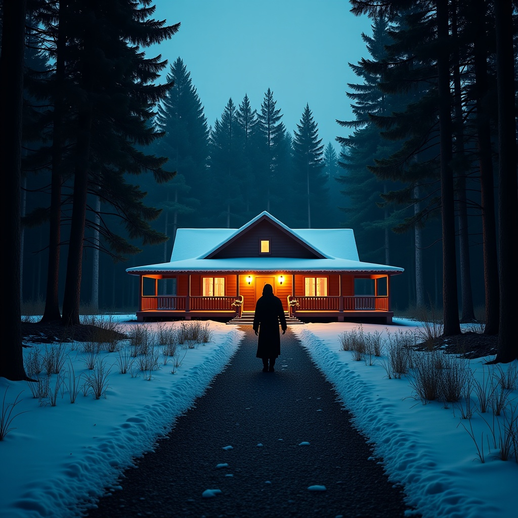 Night time scene. An isolated cabin with a large wra...