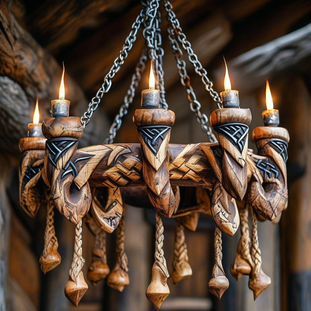 A viking-inspired chandelier, constructed from vikin...