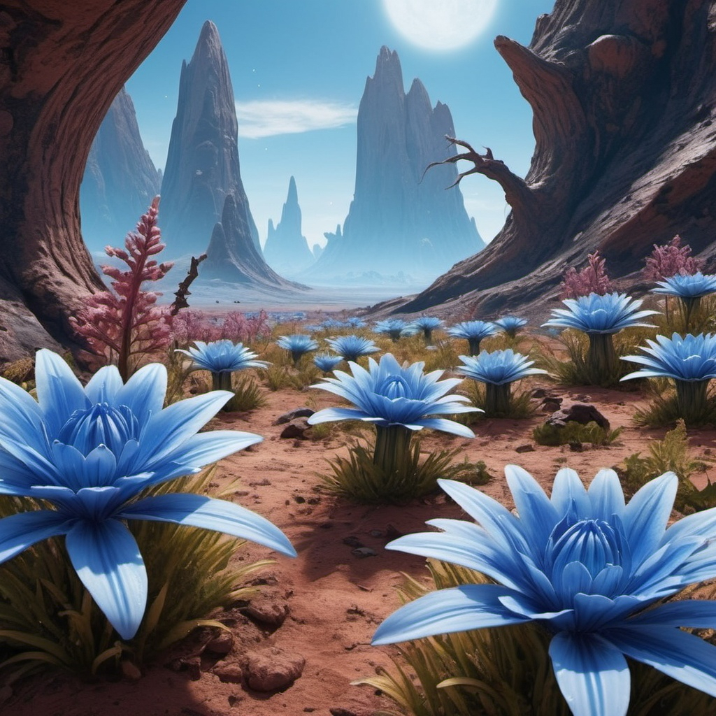 undicovered planet surface blooming with life, new...