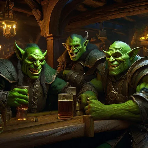 "2 happy menacing green Orcs inside a dark gothic fa...