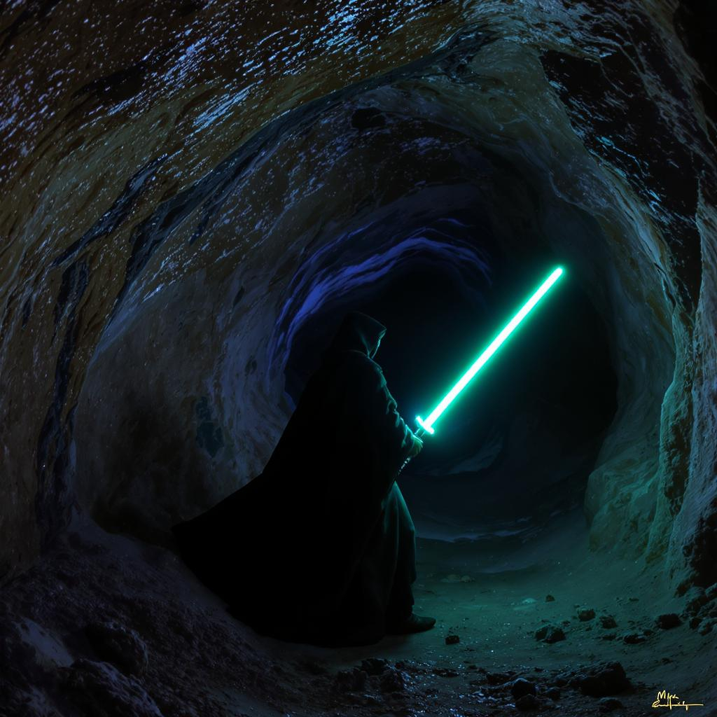A Jedi in s cave with their lightsaber by their side...