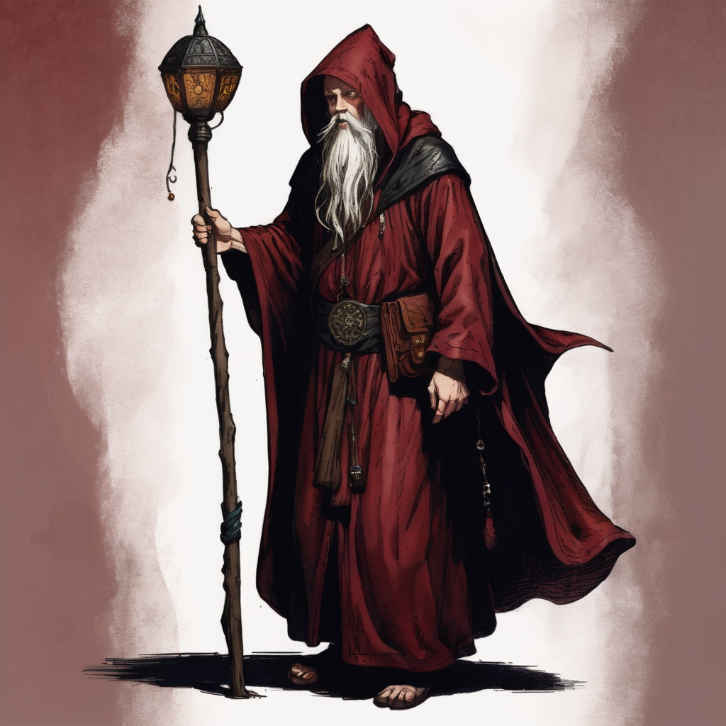A full length image. A middle aged wizard. tall, sli...