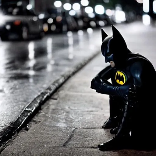 Sad and reflexive Batman sitting in a bench on the s...