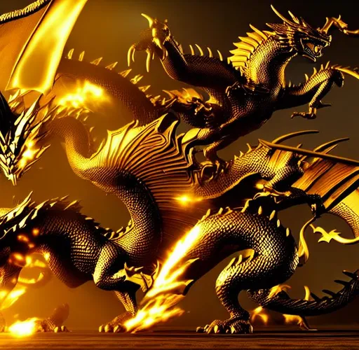 Shadow warrior battling golden dragon, photorealistic