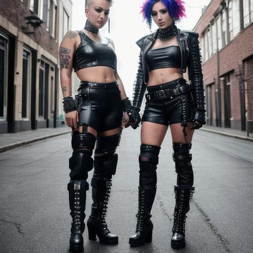 Cybergoth lesbian couple, mohawk, full body, leather...