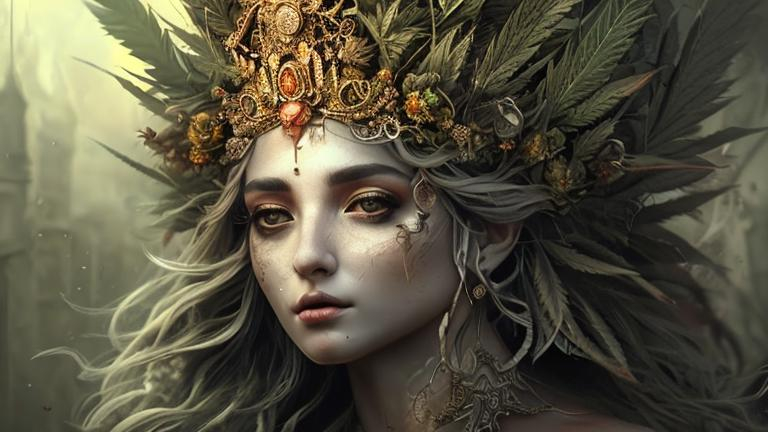 beautiful goddess crowned and dressed in marijuana d... | OpenArt