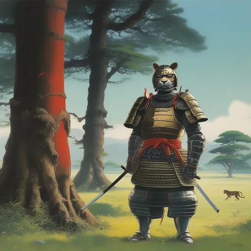 A genre painting of samurai in metal armor looking a...