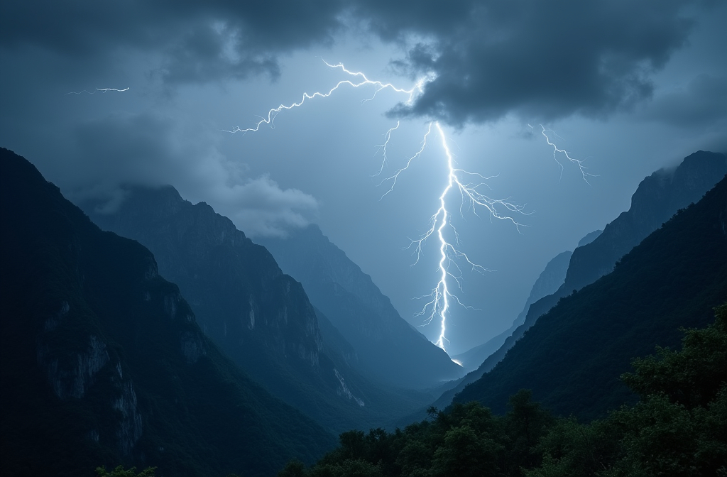 scary mountains with rain and lightning
