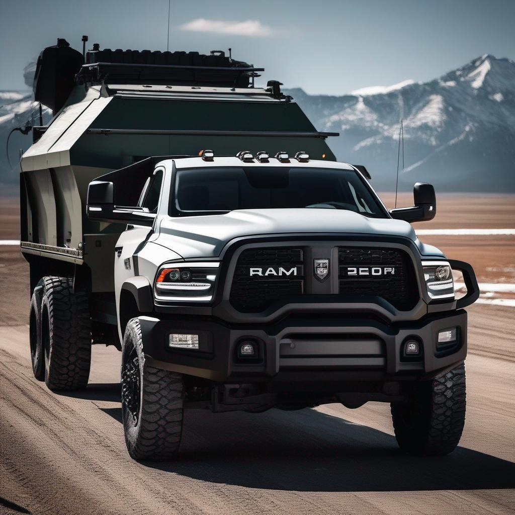 military truck with a ram plow