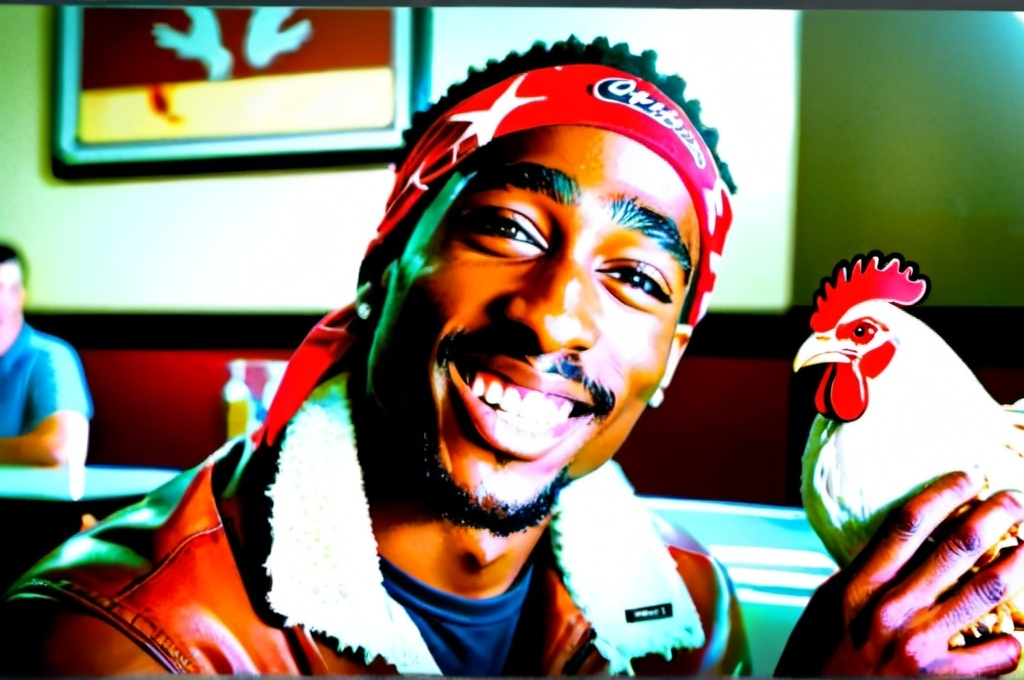 smiling wearing his famous red bandana holding a chi...