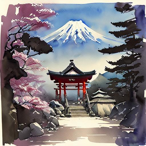 a watercolor of a japanese shrine with a samurai and...