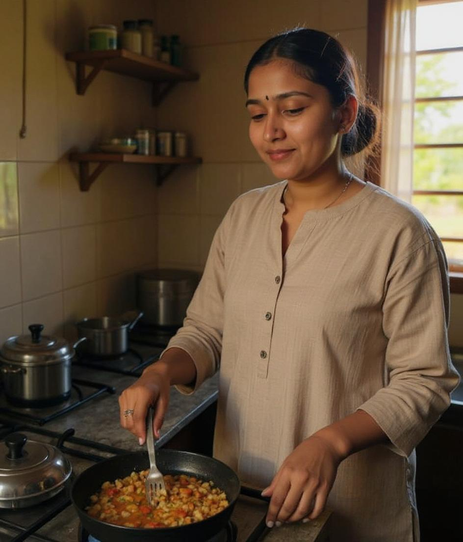 A natural Indian girl cooking in a traditional India...