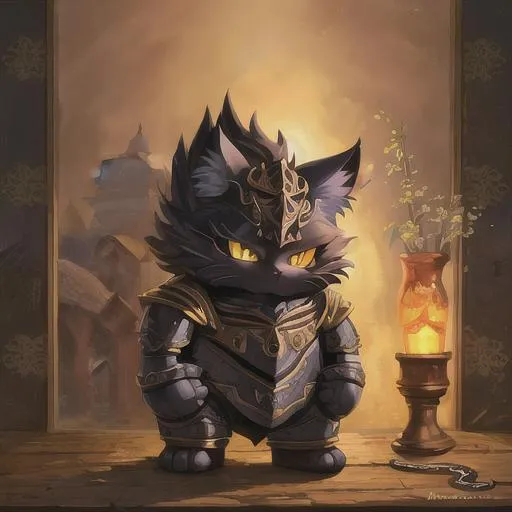 A cat blacksmith with a glowing red sword on an anvi... | OpenArt