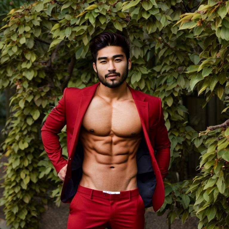 Muscular Japanese-Italian man with scarlet hair, bro...
