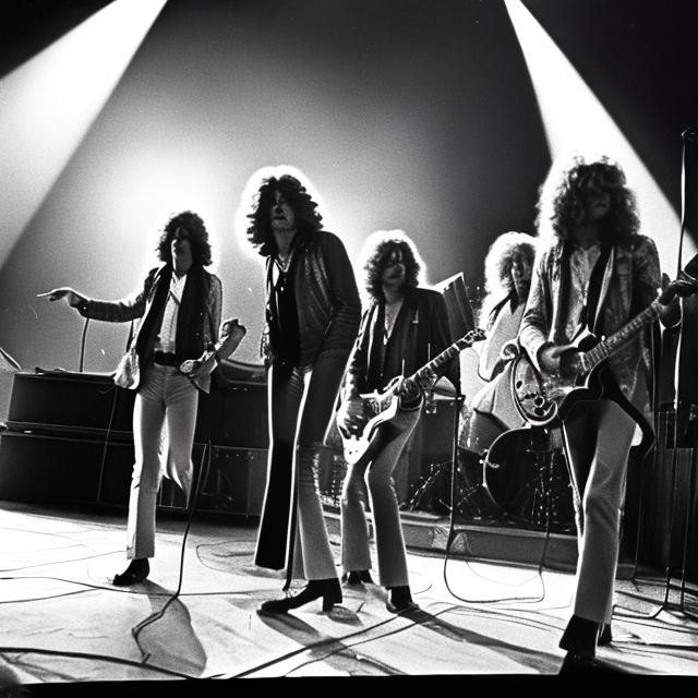 A portrait of the band Led Zeppelin in concert from...