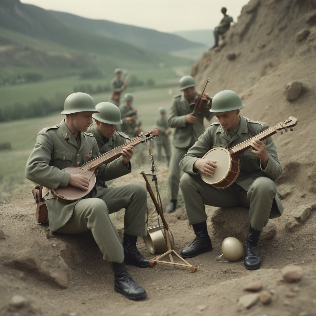 Army men playing different instruments among a lands...