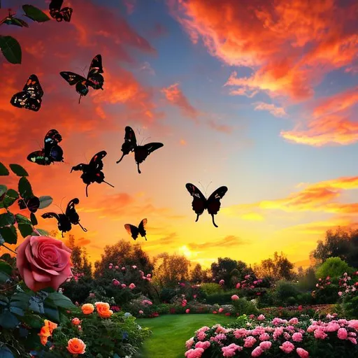 Roses garden, orange sunset, soft clouds, black butt...