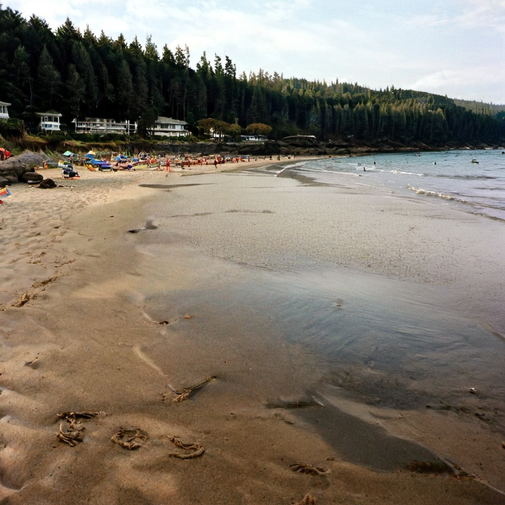 a surface level view of a long populated beach, surr...