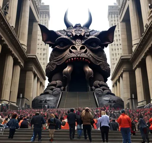 People are stumbling into a fiery open mouth of an e... | OpenArt