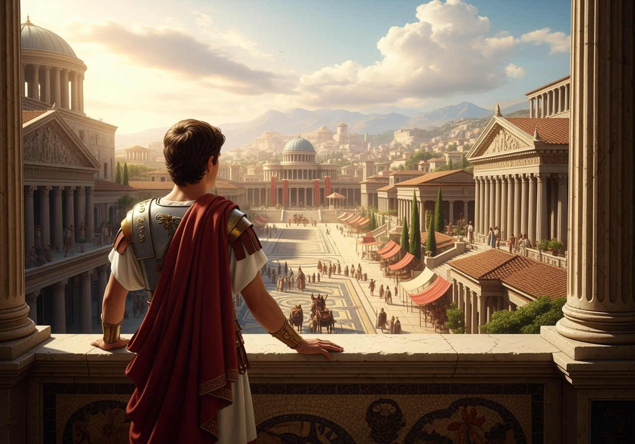 A back view of a young 20-year-old Roman governor pr...