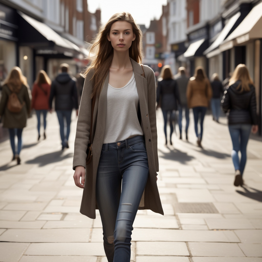 Tall young woman walking down the high street, detai...