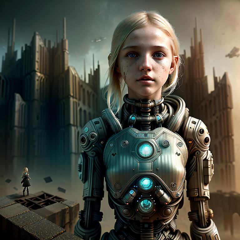 pretty cute blonde teenage girl, intricate, dystopia...