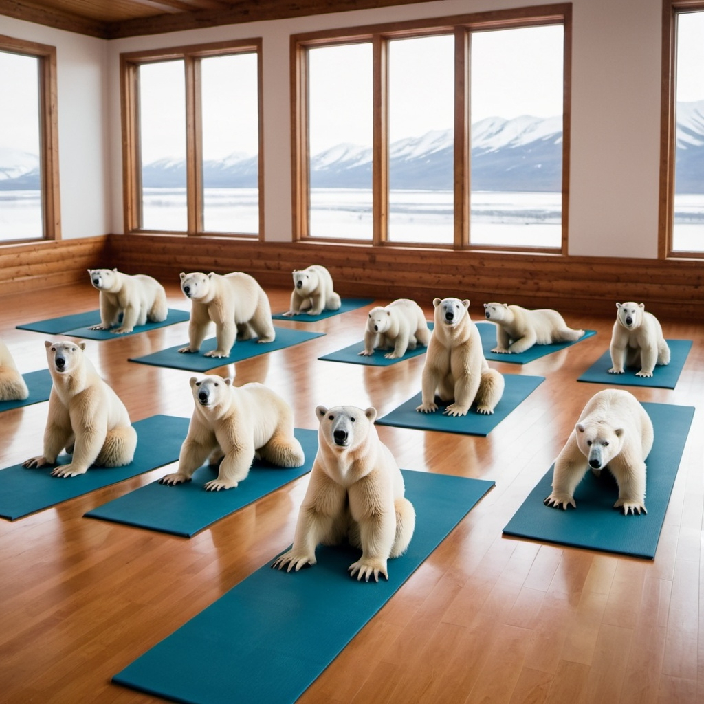 several polar bears are on yoga mats doing yoga pose...
