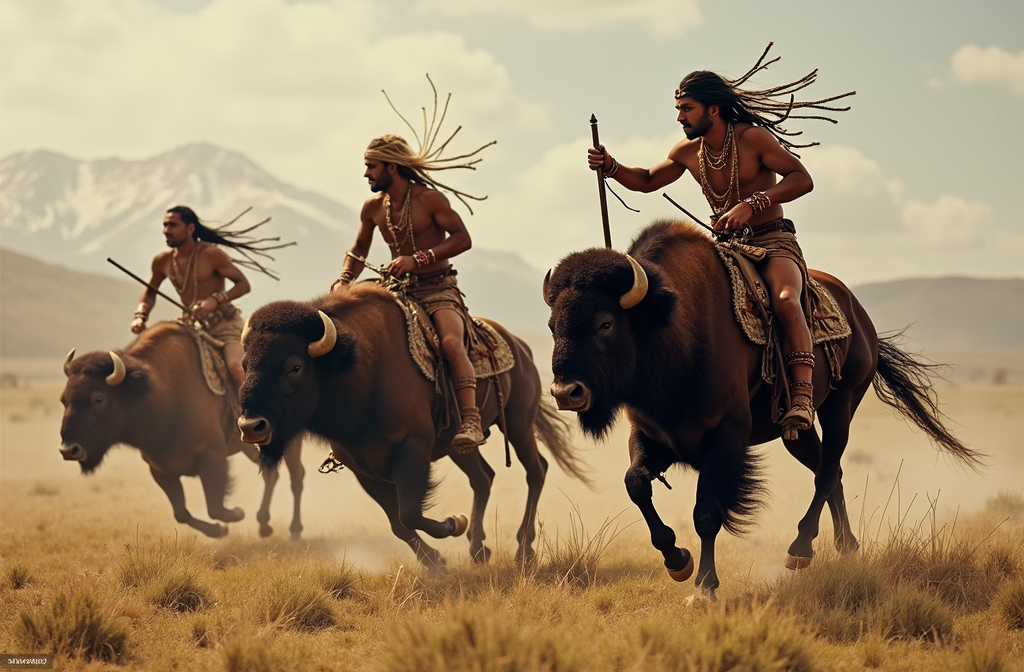 Native American Warriors mounted on Bison attacking...