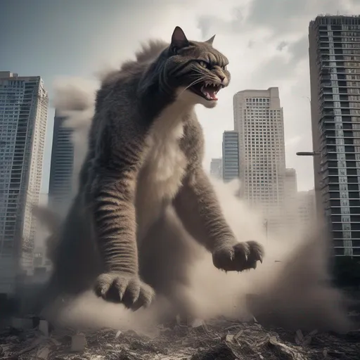 photo of giant angry cat destroys high-rise building... | OpenArt