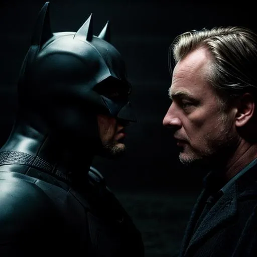 Christopher Nolan and Batman facing each other with...