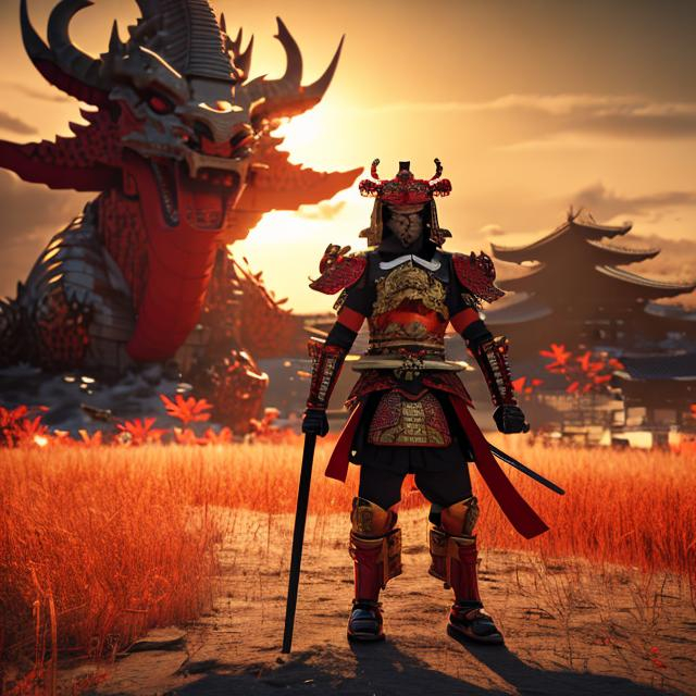 Samurai with red armor and dragon themed helmet, gol...