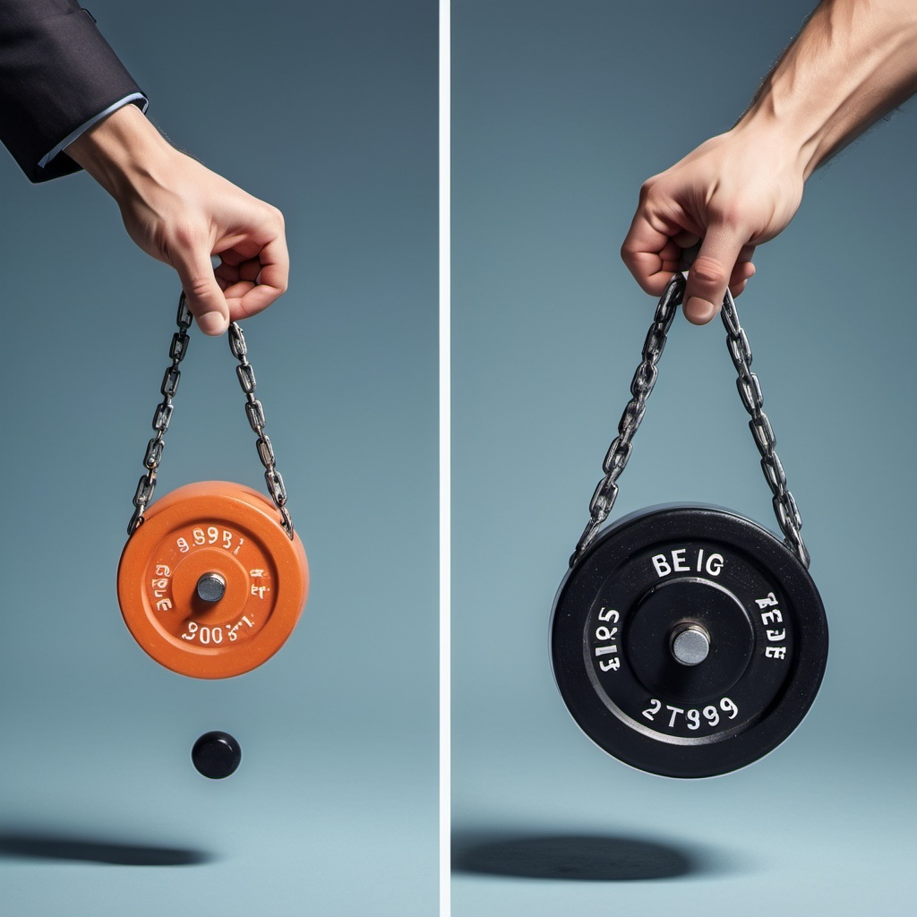 A picture of a small weight and large weight being d...