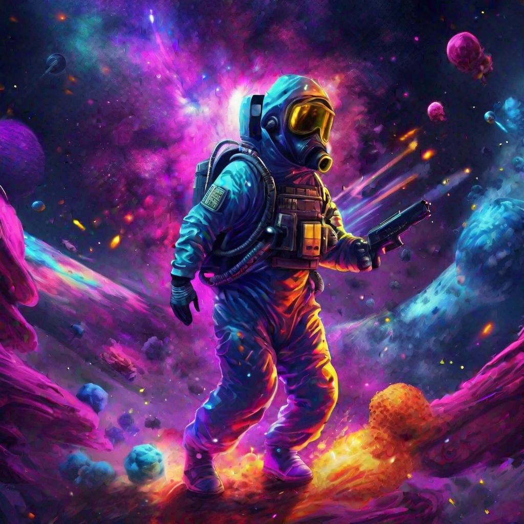 hazmat suit, cosmic ,Trippy, Dark, guns, Epic battle...