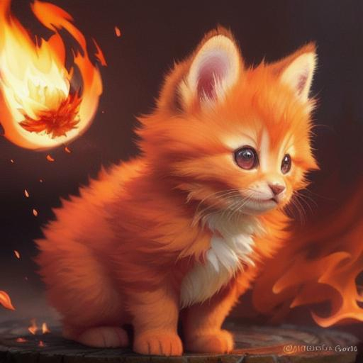 Cute, red, fluffy, fire kitten, possessing the eleme...