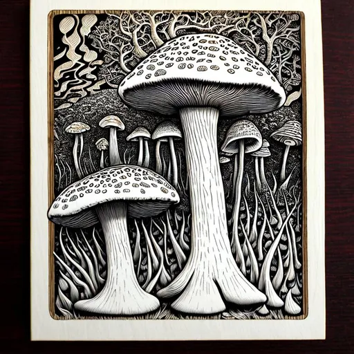 wood engraving picture psychedelic mushroom