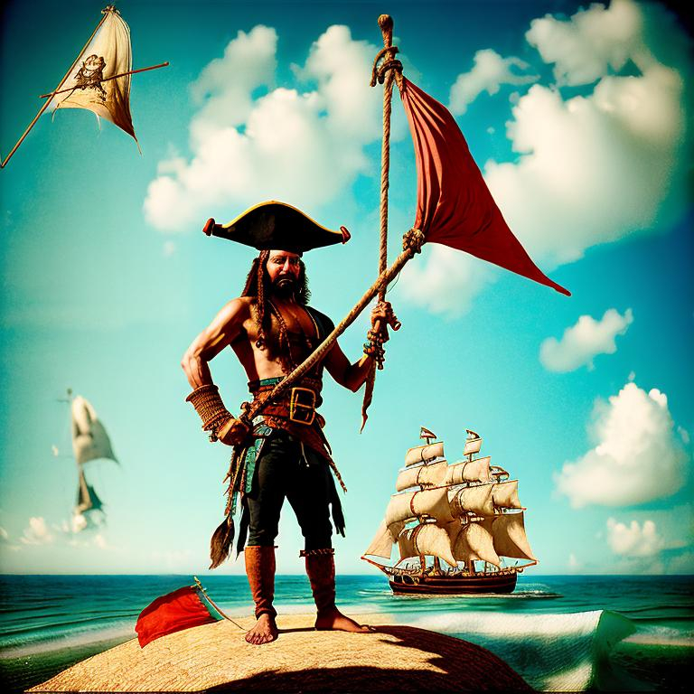 A Mayan pirate standing atop a beached galleon with... | OpenArt