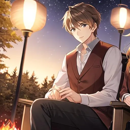 Caleb and Haley sitting in front of a campfire