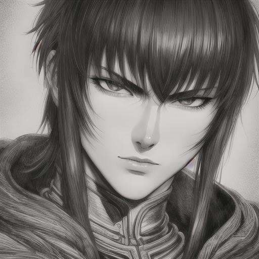 Guts from Berserk, smilling, drawn by Kentaro Miura,... | OpenArt