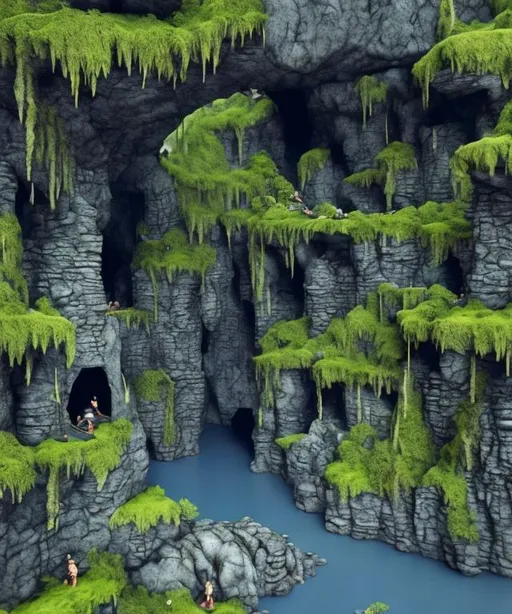 realistic closed dark cave, rock paths up tall walls... | OpenArt