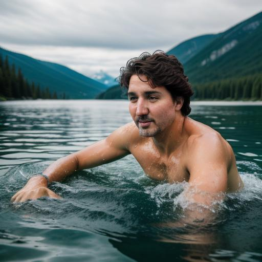 Justin Trudeau swimming in lake