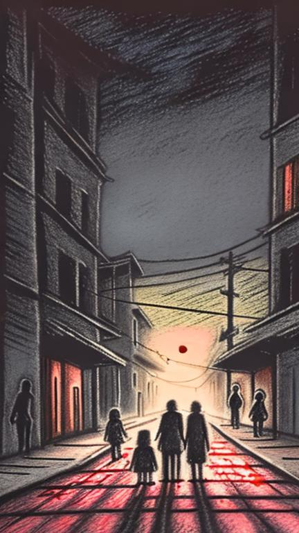 A detailed pastel drawing of a dark and shadowy stre...