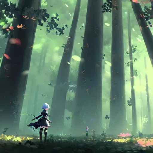 Nier Automata 2B, forest background, rich vivid colo... | OpenArt
