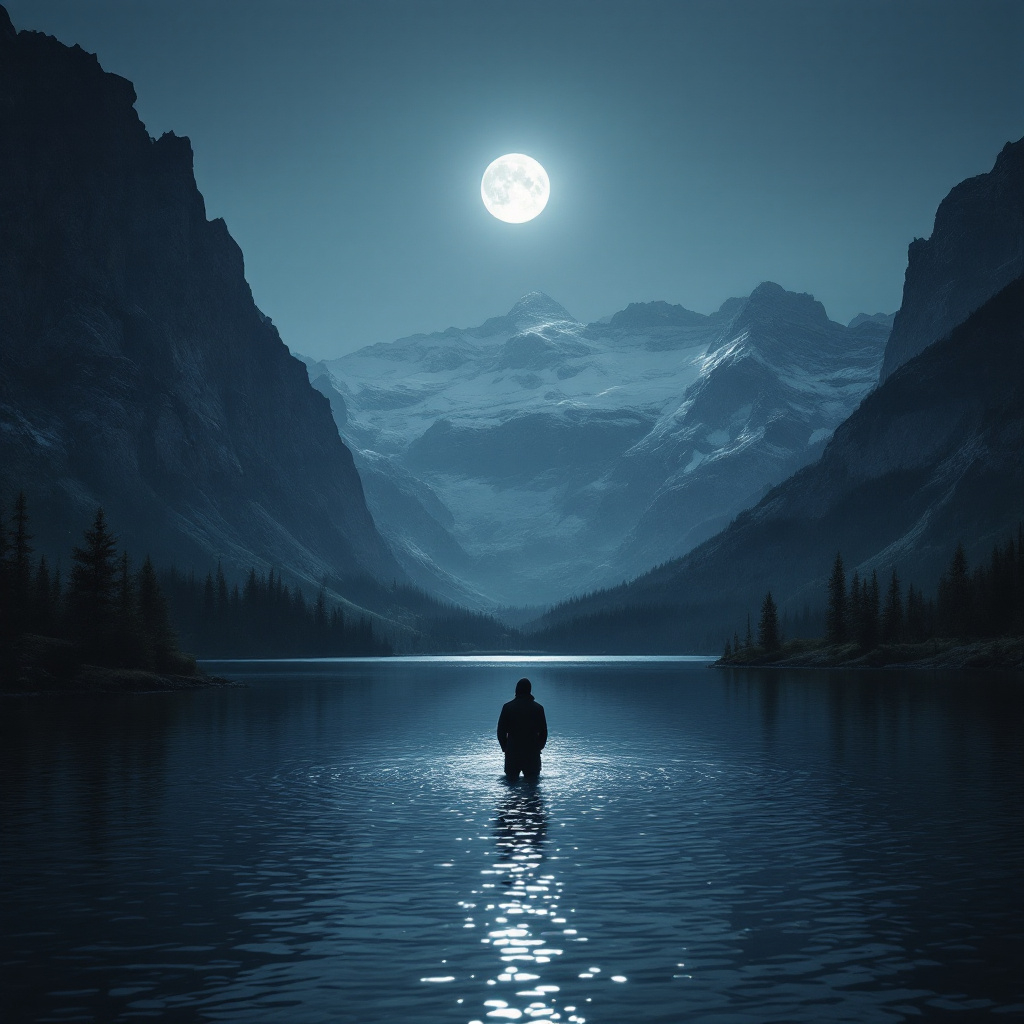 Mountain lake at night with moonlight with a dark fi...