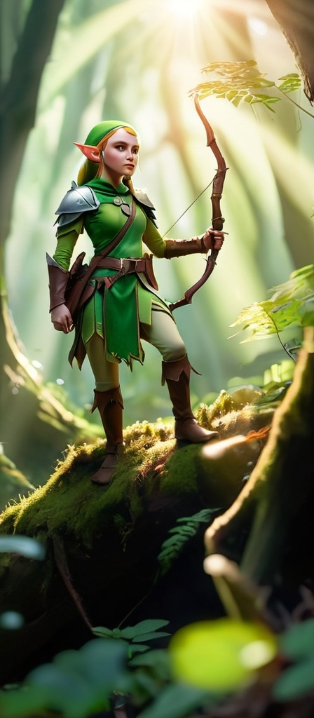 Elf ranger in a mystical forest around sunlight