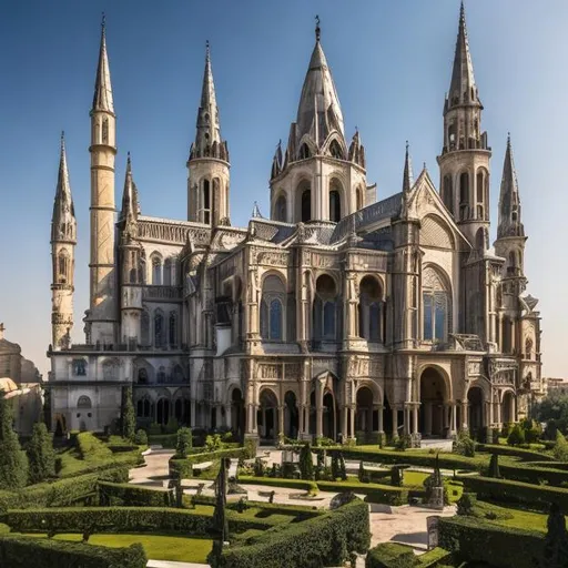 A building with elements of a gothic cathedral and a...