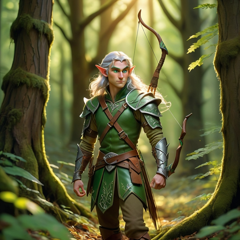 Elf ranger in a mystical forest around sunlight