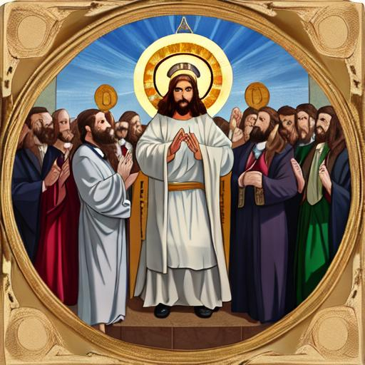 Jesus in Judaism cloth with a halo blesses businessm... | OpenArt