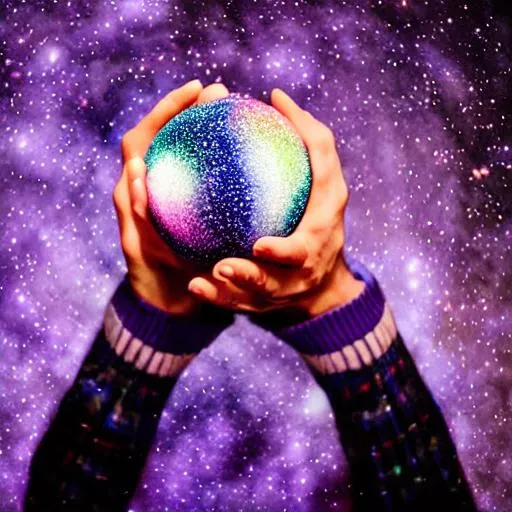A man holding a galaxy ball animated style