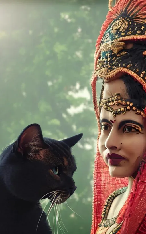 Indian cat Goddess Shashthi, riding a black cat, hig...